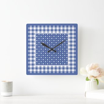 Wall Clock, Dark Blue Polka Dots, Check Gingham Square Wall Clock | Zazzle
