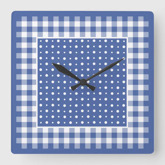 Wall Clock, Dark Blue Polka Dots, Check Gingham Square Wall Clock | Zazzle