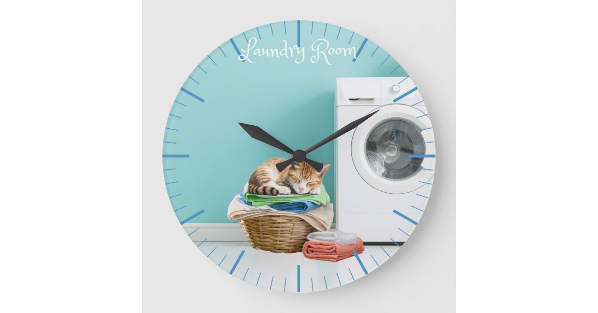 Wall Clock, Laundry Room With Cat Large Clock | Zazzle