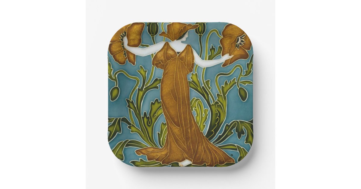Walter Crane Art Nouveau Orange Poppy Maiden Paper Plates | Zazzle