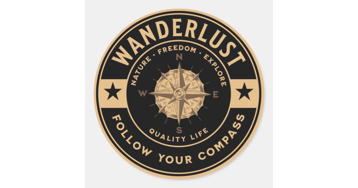 Wanderlust vintage travel logo camp bike hiking classic round sticker | Zazzle