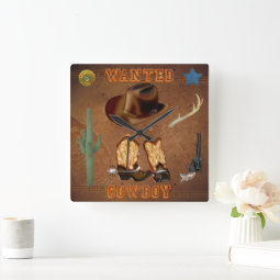 Wanted Cowboy boots hat gun cactus western Square Wall Clock | Zazzle