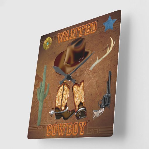 Wanted Cowboy boots hat gun cactus western Square Wall Clock | Zazzle
