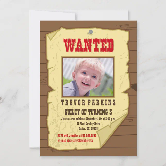 Wanted photo poster cowboy birthday party invite | Zazzle