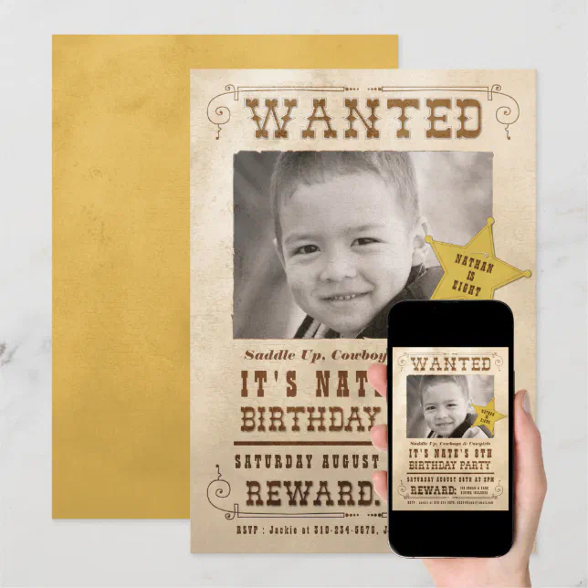 Wanted Poster Cowboy Western Birthday Party Invitation | Zazzle