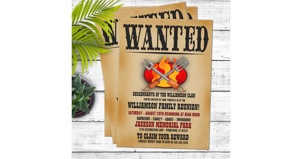 Wanted Poster Family Reunion Barbeque Invitations | Zazzle