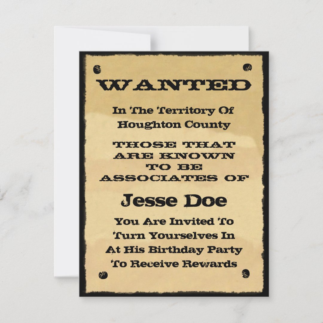 Wanted Poster Invitations Fun Western Cowboy Party | Zazzle