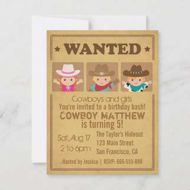 Wanted Vintage Poster Cowboys and girls Party Invitation | Zazzle