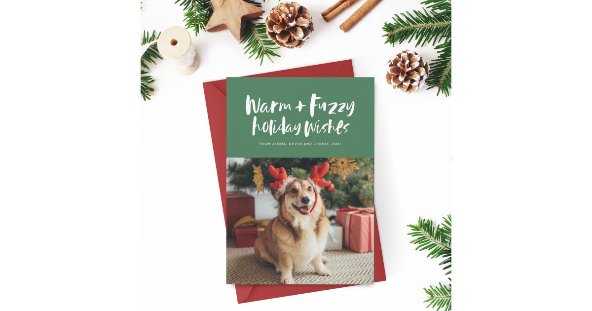 Warm and fuzzy wishes green funny pet holiday card | Zazzle