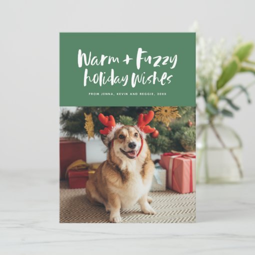 Warm and fuzzy wishes green funny pet holiday card | Zazzle