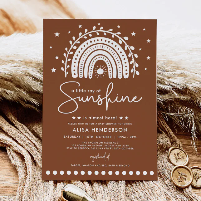 Warm Boho Terracotta Sunshine Rainbow Baby Shower Invitation | Zazzle