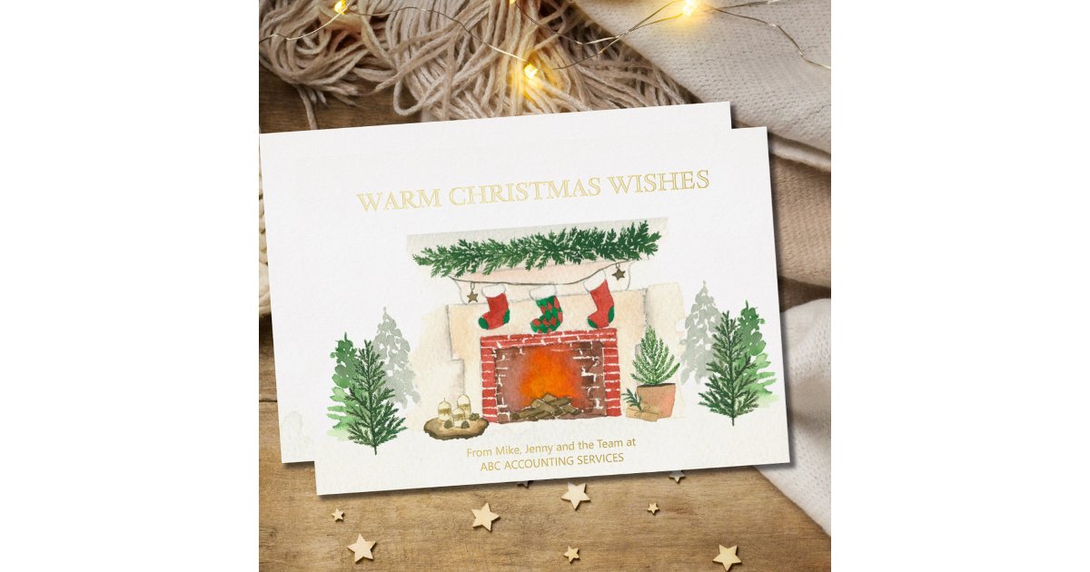 Warm Christmas Wishes Cozy Fireplace Gold Foil Holiday Card | Zazzle
