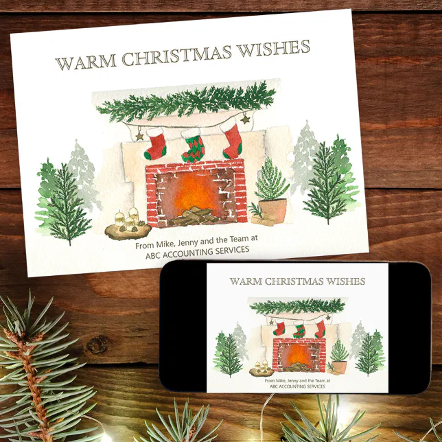 Warm Christmas Wishes Forest and Cozy Fireplace Holiday Card | Zazzle