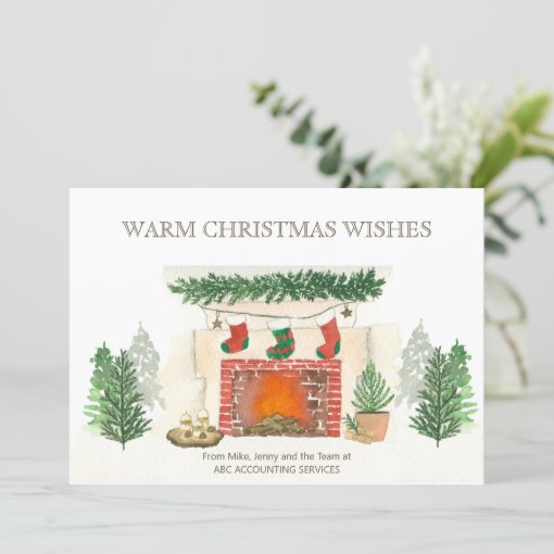 Warm Christmas Wishes Forest and Cozy Fireplace Holiday Card | Zazzle