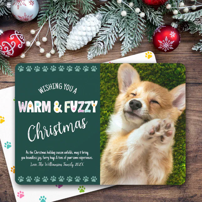 Warm Fuzzy Pet Christmas Photo Typography Green Holiday Card | Zazzle