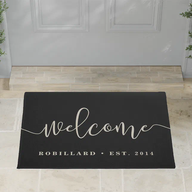 Warm Welcome | Modern Calligraphy Personalized Doormat | Zazzle
