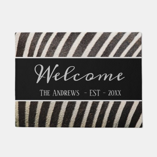 Warm Welcome Modern Zebra Print Personalised Doormat | Zazzle