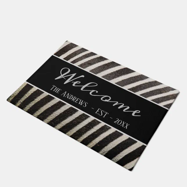 Warm Welcome Modern Zebra Print Personalised Doormat | Zazzle