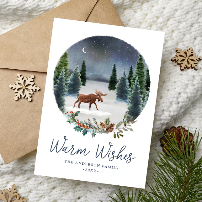 Warm Wishes Woodland Moose Winter Scene Non-Photo Holiday Card | Zazzle
