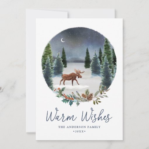 Warm Wishes Woodland Moose Winter Scene Non-Photo Holiday Card | Zazzle