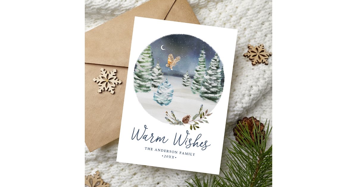 Warm Wishes Woodland Owl Winter Scene Non-Photo Holiday Card | Zazzle