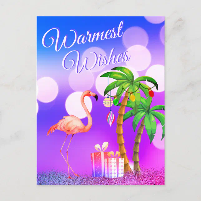 Warmest Wishes Flamingo Tropical Beach Christmas Holiday Postcard | Zazzle