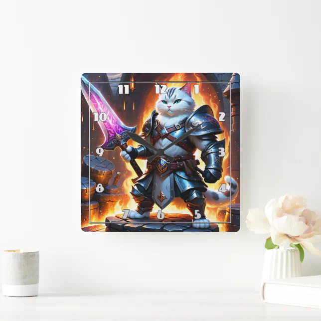 Warrior Cat in Armor With Glowing Sword Square Wall Clock | Zazzle