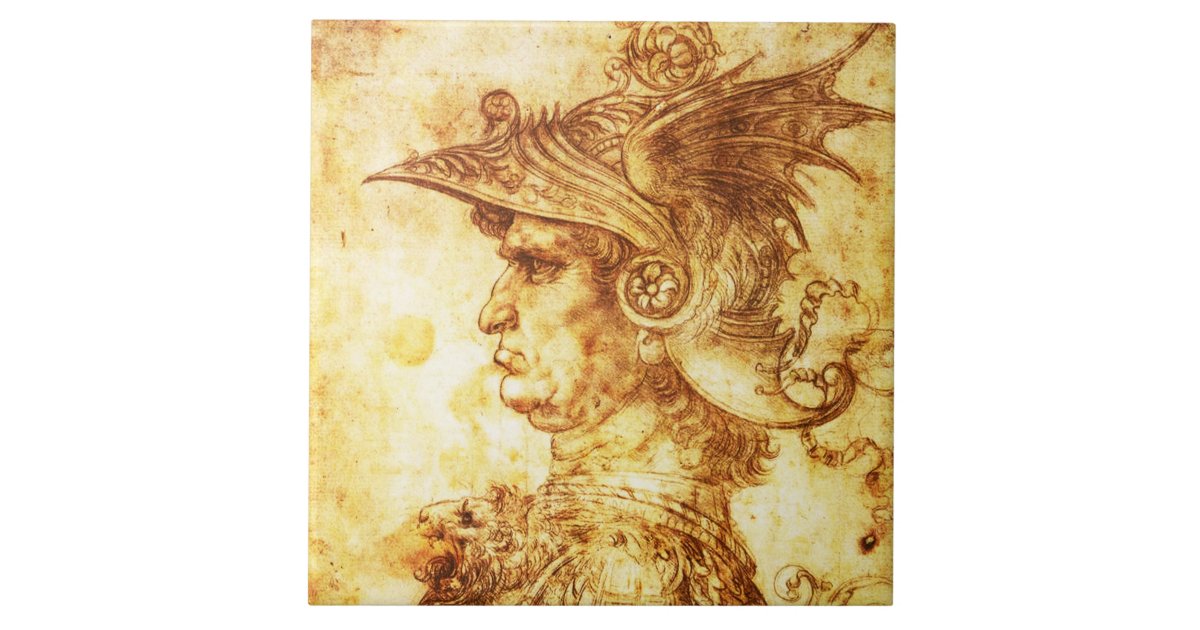WARRIOR PROFILE IN DRAGON HELMET Sepia Drawing Ceramic Tile | Zazzle