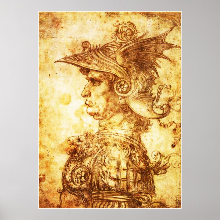 WARRIOR PROFILE IN DRAGON HELMET Sepia Drawing Poster | Zazzle.com
