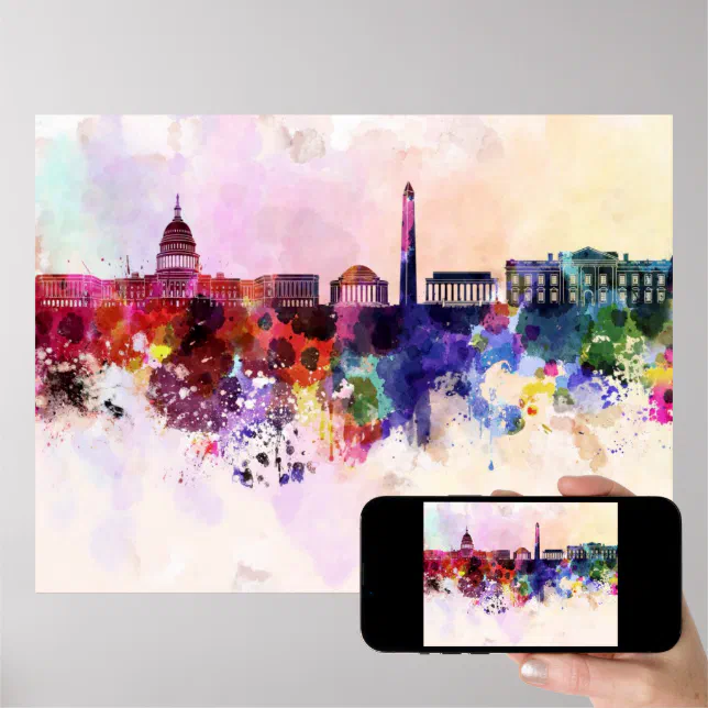 Washington DC skyline in watercolor background Poster | Zazzle