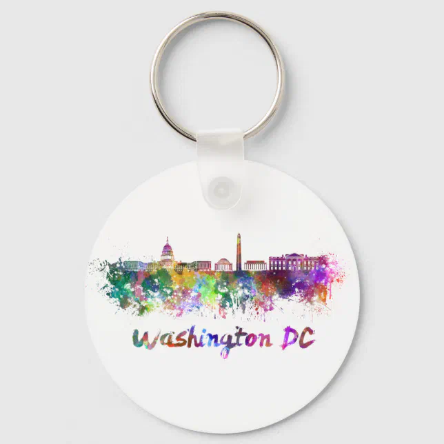 Washington DC skyline in watercolor Keychain | Zazzle