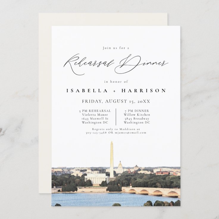 WASHINGTON DC Watercolor Skyline Rehearsal Dinner Invitation | Zazzle