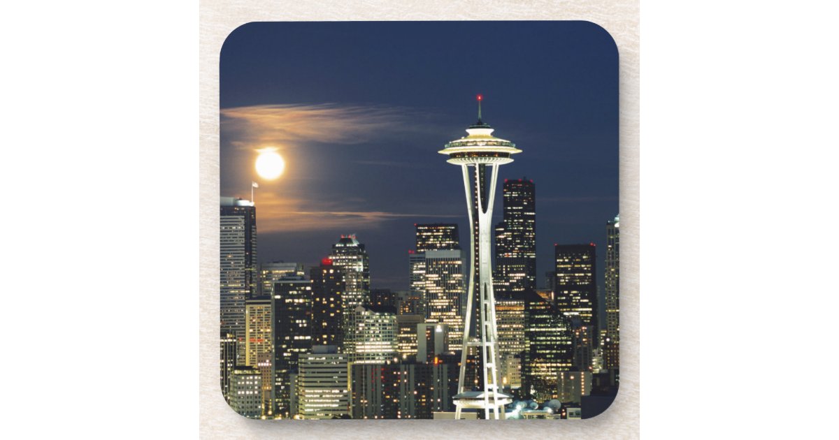 Washington, Seattle, Skyline at night from Kerry 1 Beverage Coaster ...