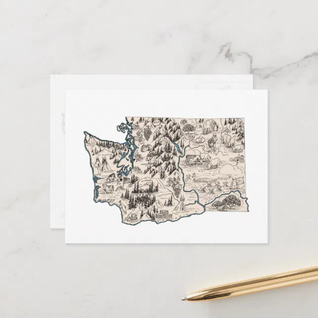 Washington Vintage Picture Map Antique State Chart Postcard | Zazzle