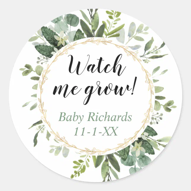 Watch me grow greenery gold eucalyptus baby shower classic round ...