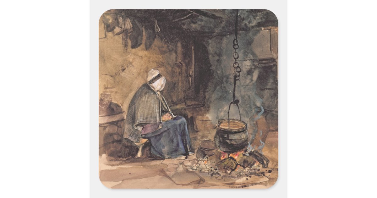 Watching the pot boil - a cottage interior square sticker | Zazzle