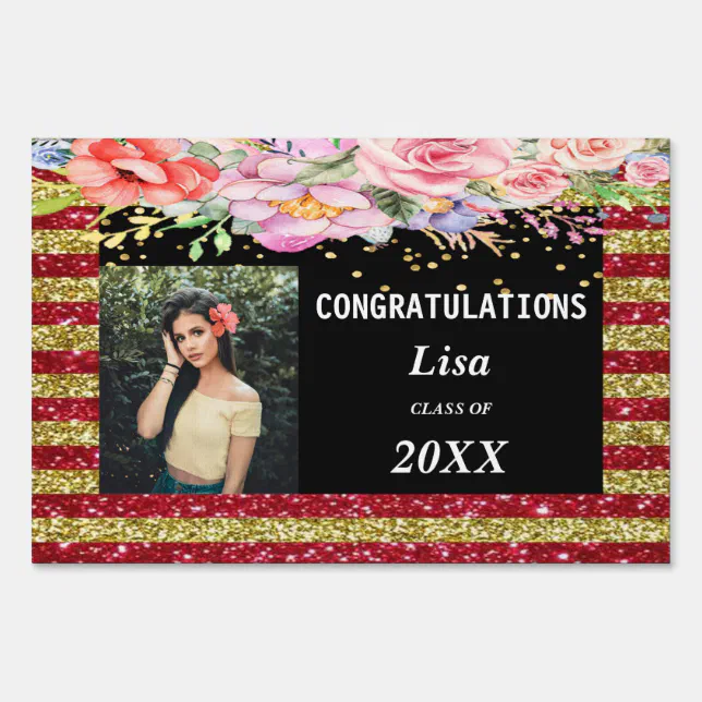 Water Color Floral Red Gold Stripes Graduation Sign | Zazzle