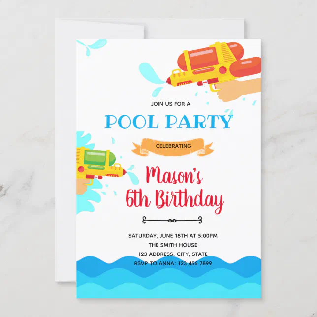 Water fight pool waterslide birthday invitation | Zazzle
