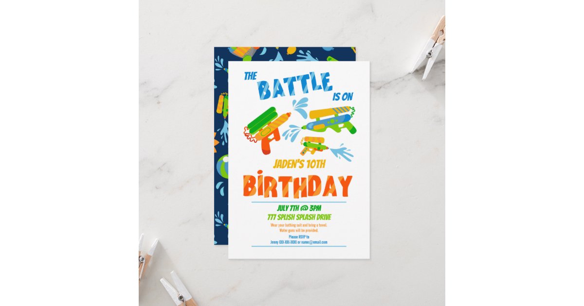 Water Gun Battle Pool Party Kids Summer Birthday Invitation | Zazzle