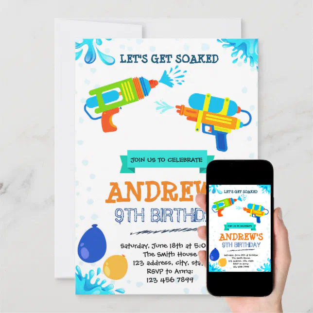 Water gun pool birthday theme invitation | Zazzle