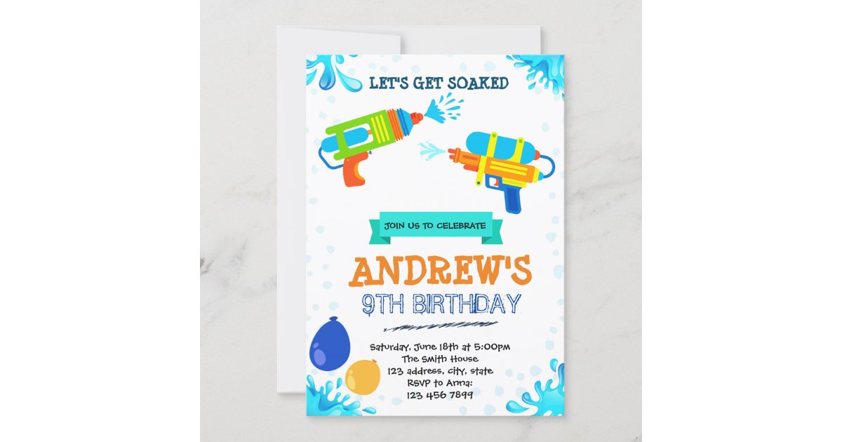 Water gun pool birthday theme invitation | Zazzle