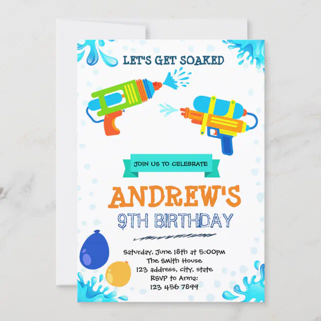 Water gun pool birthday theme invitation | Zazzle