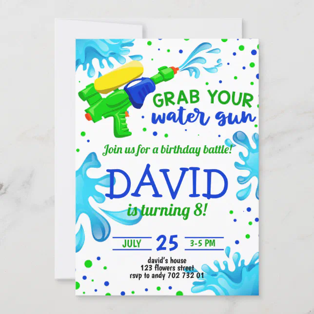 Water Gun Summer Pool Party Boy Birthday Invitation | Zazzle