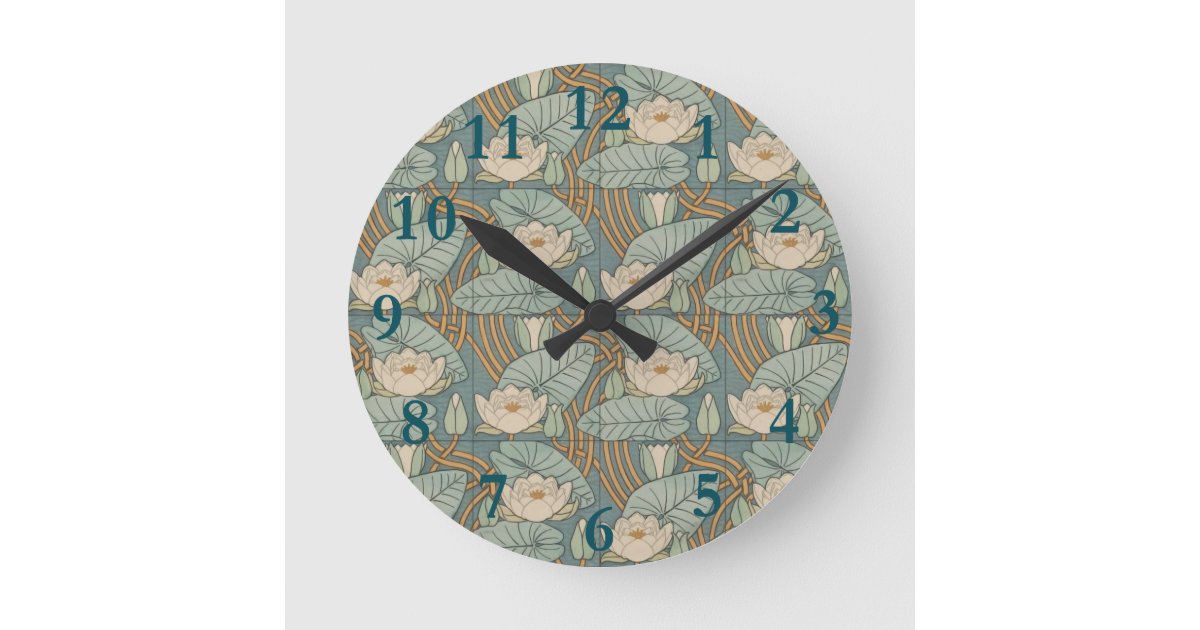 Water Lilies Lily Art Nouveau Nature Round Clock | Zazzle