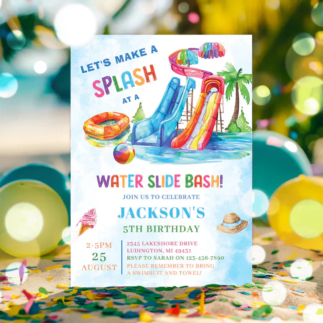 Water Slide Bash Splash Birthday Party Invitation | Zazzle