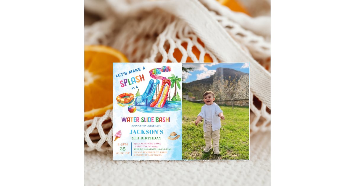 Water Slide Bash Splash Birthday Party Photo Invitation | Zazzle
