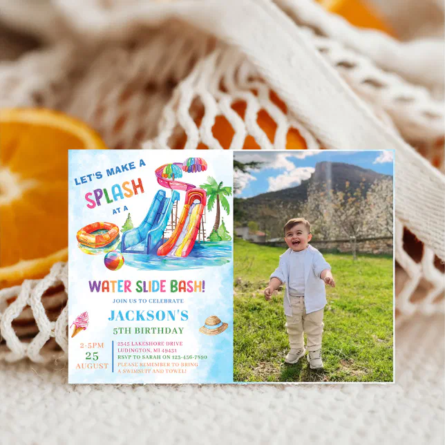 Water Slide Bash Splash Birthday Party Photo Invitation | Zazzle