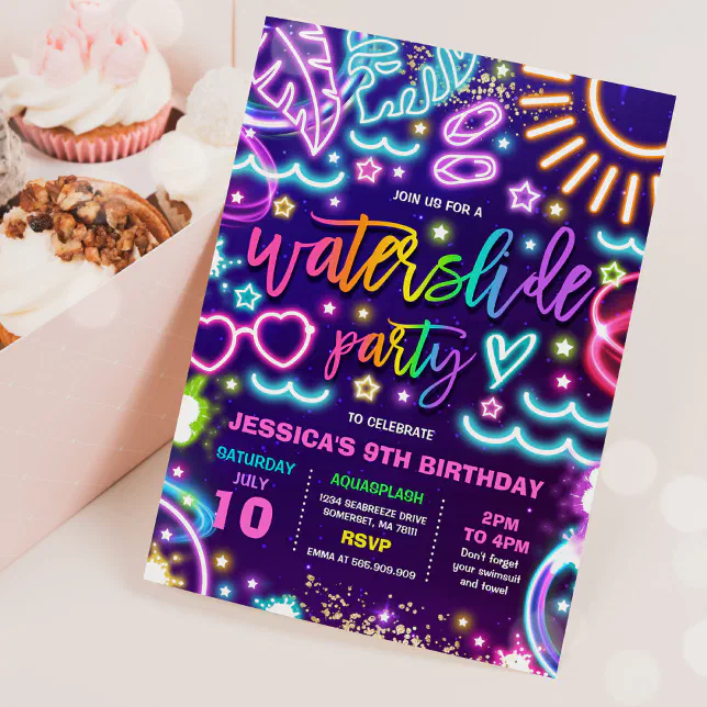 Water Slide Splash Pad Birthday Party Neon Glow Invitation | Zazzle