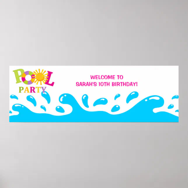 Water Splash Pool Party Girl Birthday Banner Poster | Zazzle