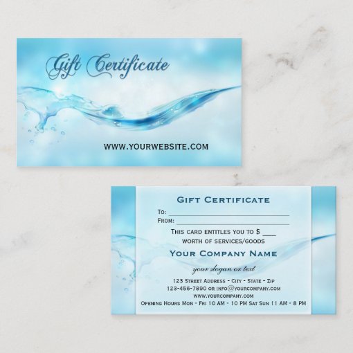 Water Splash Spa Gift Certificate | Zazzle